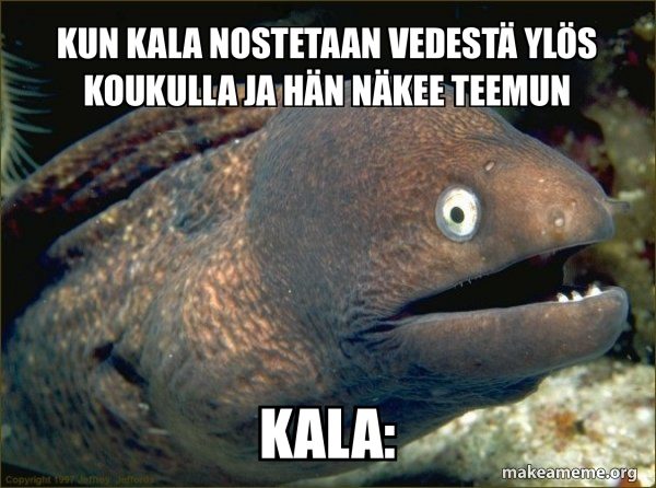 kun kala nostetaan vedestä ylös koukulla ja hän näkee Teemun Kala ...