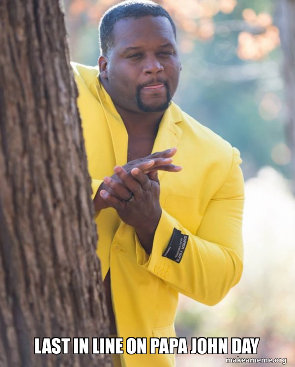 Last in line on Papa John Day - Anthony Adams in Yellow Suit Rubbing ...