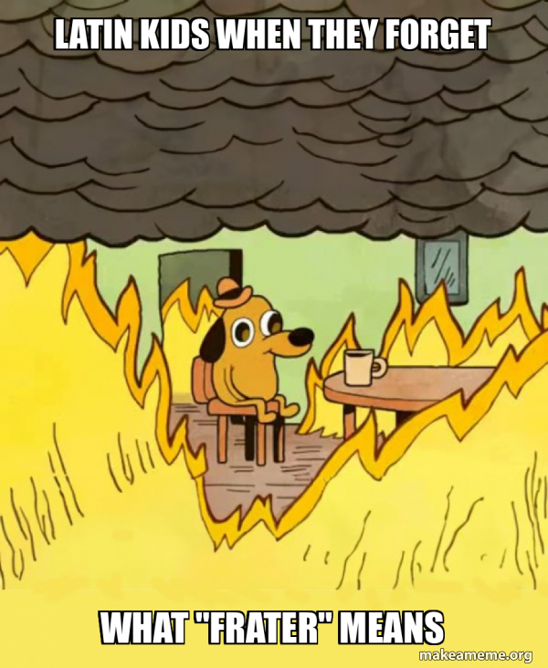 Latin kids when they forget what "frater" means - This Is Fine Meme ...