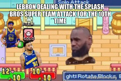 Lebron dealing with the splash bros super team attack for the 10th time ...