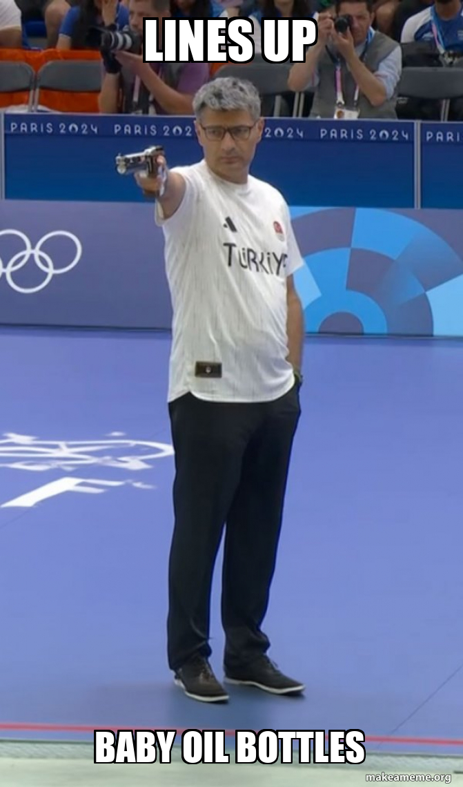 lines up baby oil bottles - Yusuf Dikec Meme Generator