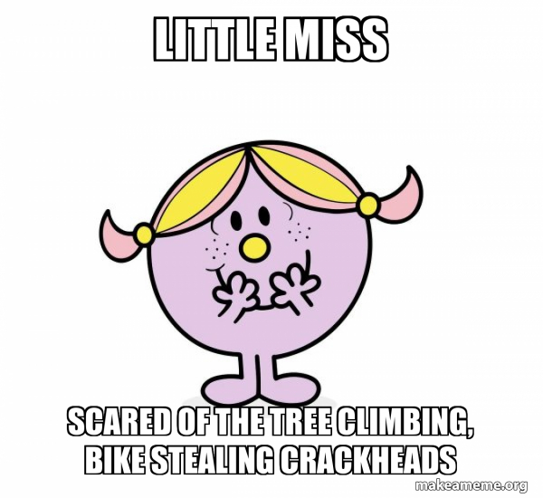 Little Miss scared of the tree climbing, bike stealing crackheads ...
