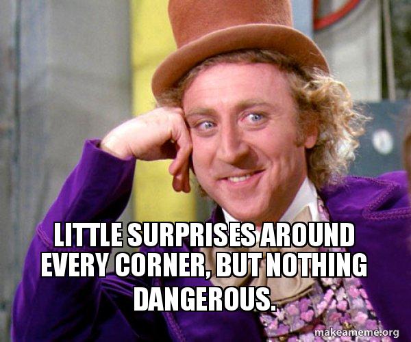 Little surprises around every corner, but nothing dangerous. - Willy Wonka Sarcasm Meme Meme ...