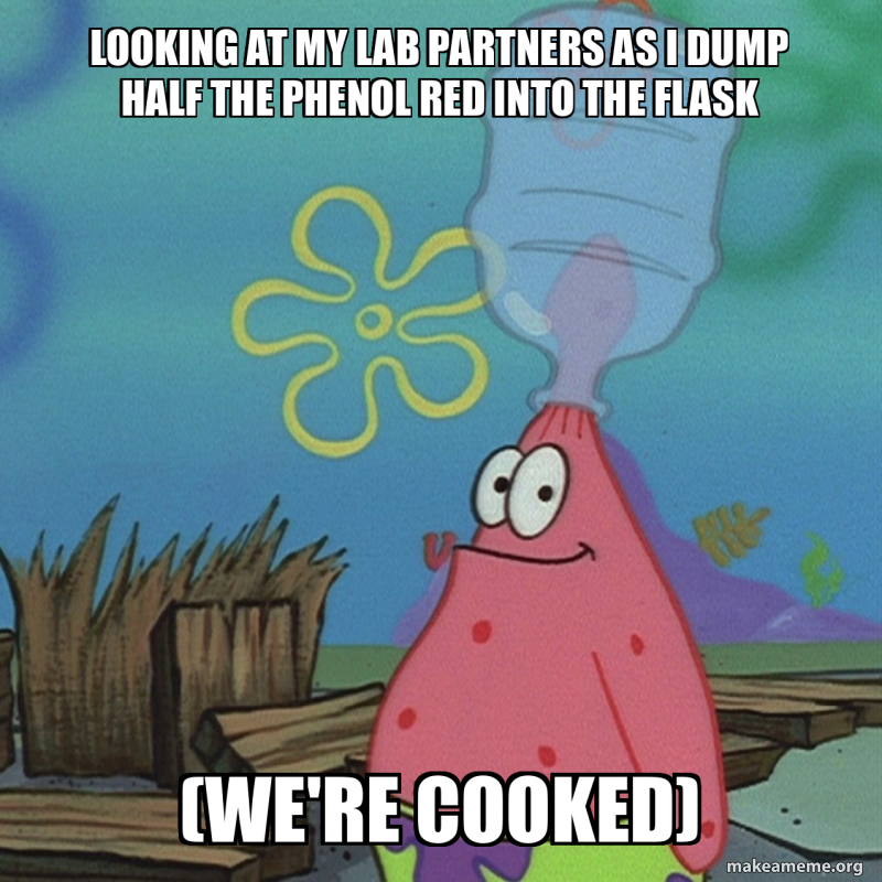 looking at my lab partners as i dump half the phenol red into the flask ...