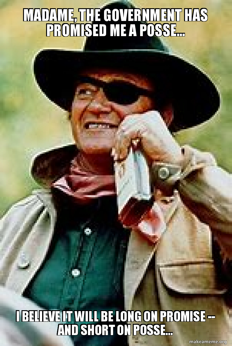 mADAME, THE GOVERNMENT HAS PROMISED ME A POSSE... i BELIEVE IT WILL BE ...