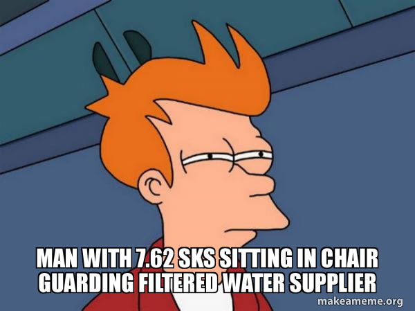 MAN WITH 7.62 SKS SITTING IN CHAIR GUARDING FILTERED WATER SUPPLIER ...