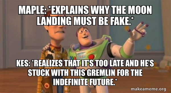 Maple: *Explains why the moon landing MUST be fake.* Kes: *Realizes ...