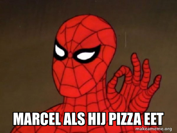 marcel als hij pizza eet - Spiderman - Care factor Zero Meme Generator