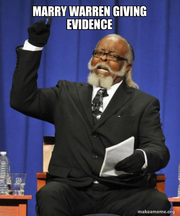 Marry Warren giving evidence - Too Damn HIgh Meme Generator