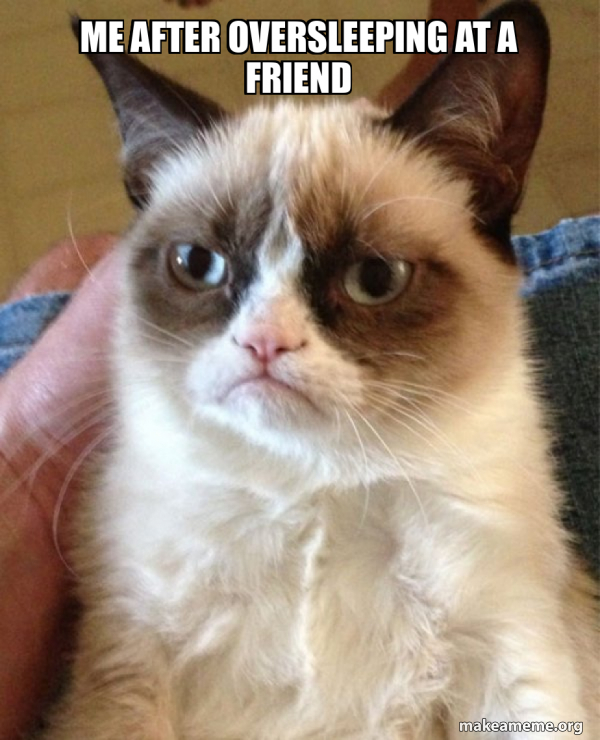 Me after oversleeping at a friend - Grumpy Cat Meme Generator