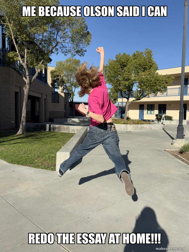 Me because olson said i can Redo the essay at home!!! Meme Generator