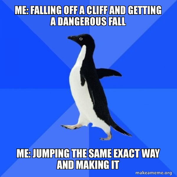 Me: falling off a cliff and getting a dangerous fall Me: jumping the ...