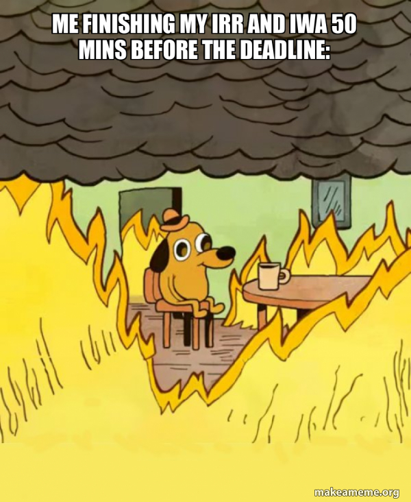 Me finishing my IRR and IWA 50 mins before the deadline: - This Is Fine ...