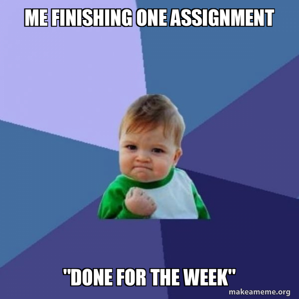 Me finishing one assignment "Done for the week" - Success Kid Meme ...