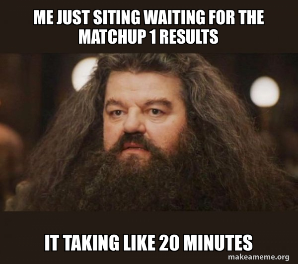 Me just siting waiting for the matchup 1 results It taking like 20 ...