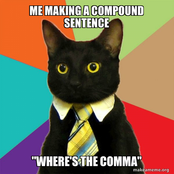 Me making a compound sentence "Where's the comma" - Business Cat Meme ...