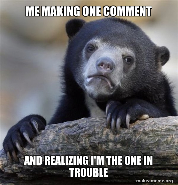 Me making one comment And realizing I'm the one in trouble - Confession Bear Meme Generator