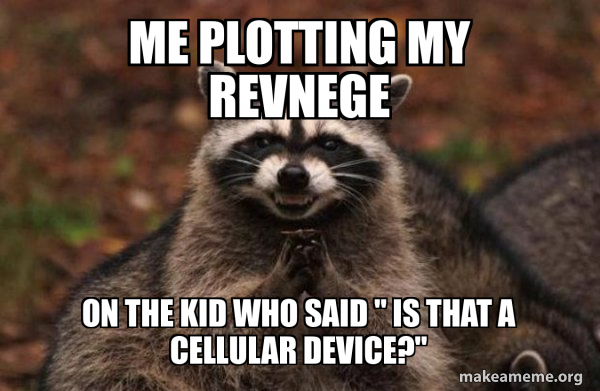 me plotting my revnege on the kid who said " is that a cellular device ...