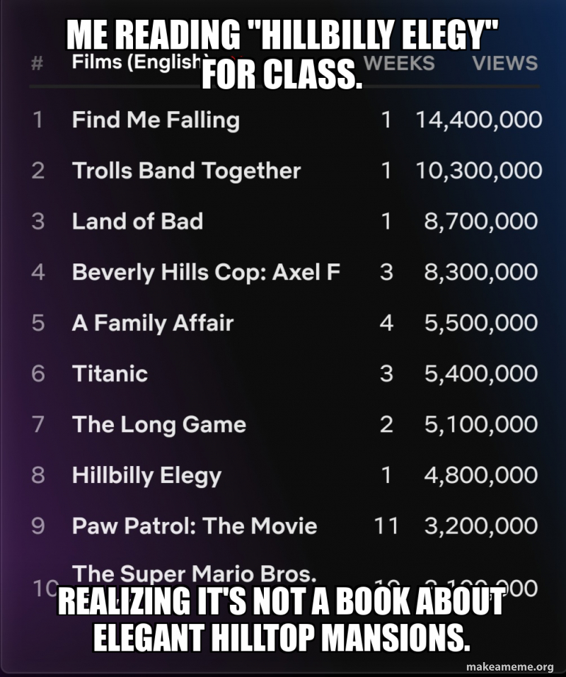 Me reading "Hillbilly Elegy" for class. Realizing it's not a book about ...