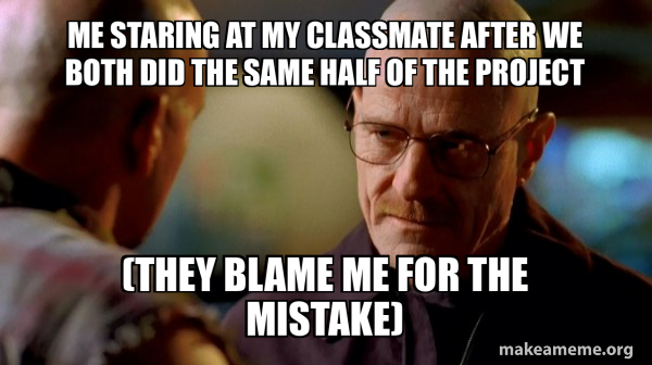Me staring at my classmate after we both did the same half of the ...