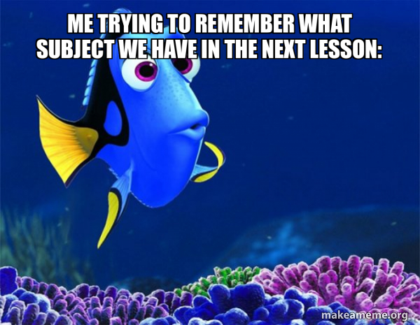 Me trying to remember what subject we have in the next lesson: - Dory ...
