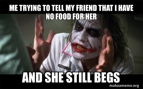 me trying to tell my friend that i have no food for her and she still ...