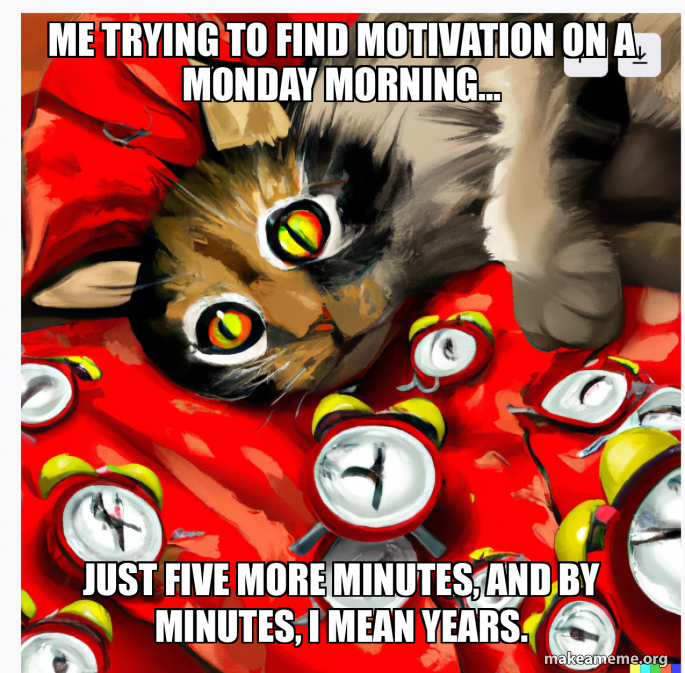 Me trying to find motivation on a Monday morning... Just five more ...