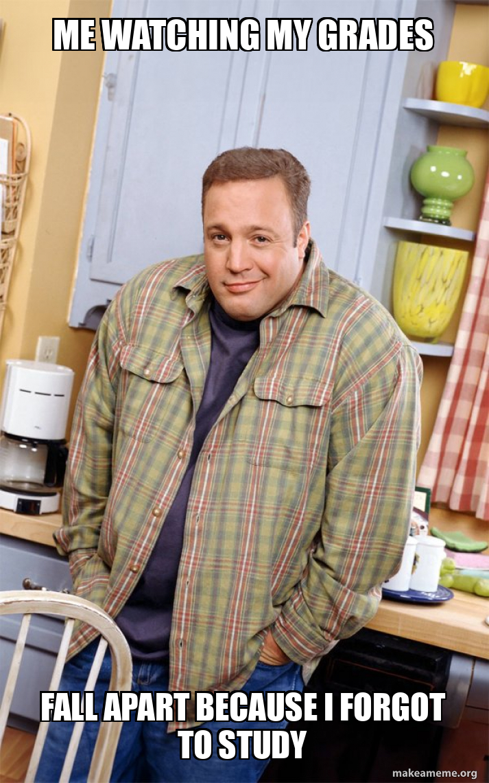 me watching my grades fall apart because I forgot to study - Kevin James Meme Generator