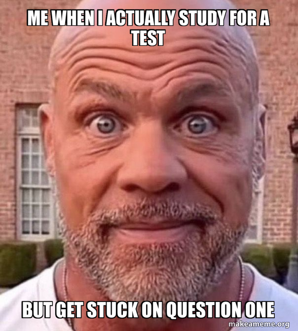 Me when i actually study for a test But get stuck on question one Meme ...
