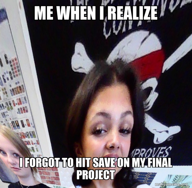 Me when I realize I forgot to hit save on my final project Meme Generator