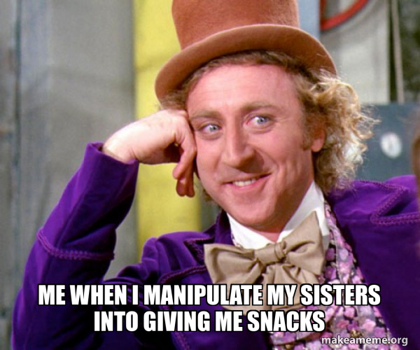 me when i manipulate my sisters into giving me snacks - Willy Wonka Sarcasm Meme Meme Generator