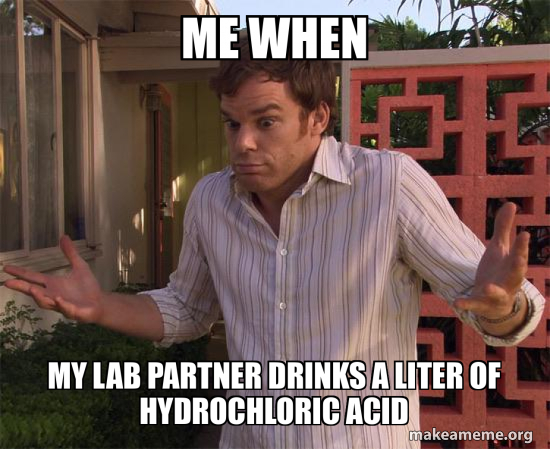Me when my lab partner drinks a liter of hydrochloric acid Meme Generator