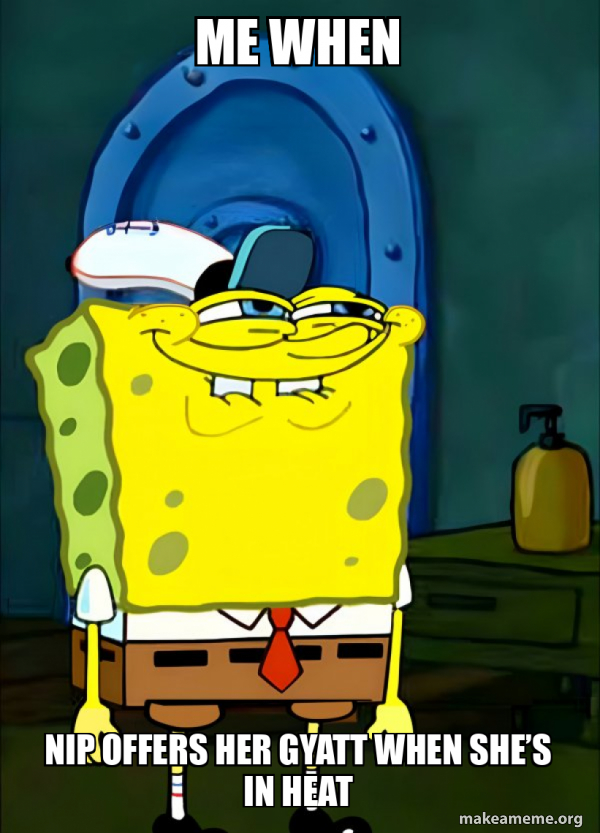 Me when Nip offers her gyatt when she’s in heat - SpongeBob Grin Meme Generator
