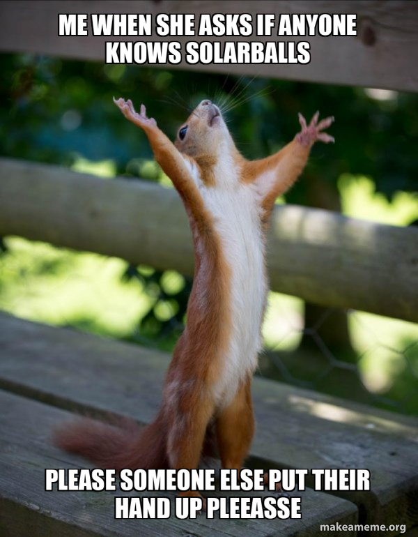 ME WHEN SHE ASKS IF ANYONE KNOWS SOLARBALLS PLEASE SOMEONE ELSE PUT ...