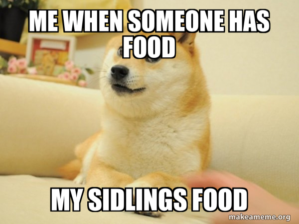 me when someone has food my sidlings food - Doge Meme Generator