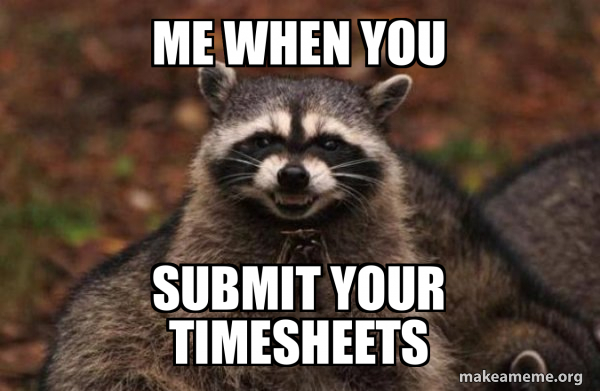 me when you submit your timesheets - Evil Plotting Raccoon Meme Generator