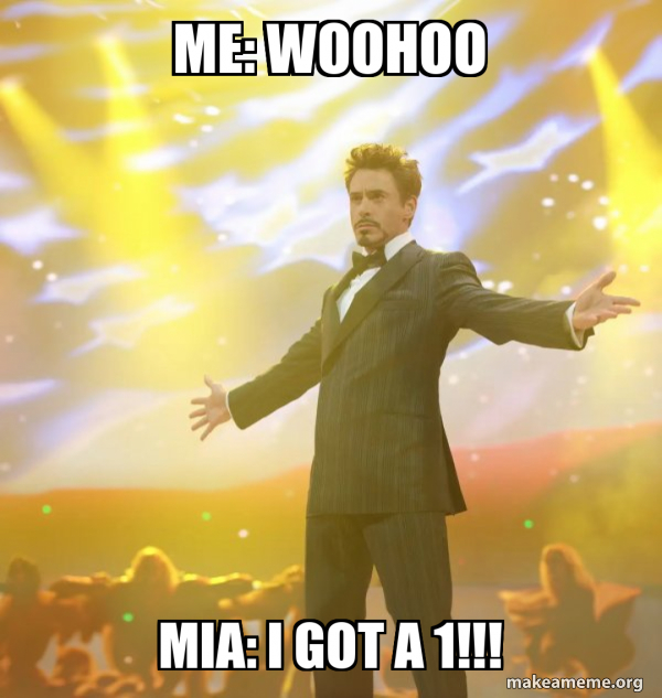 Me: Woohoo Mia: I got A 1!!! - Tony Stark Success Meme Generator