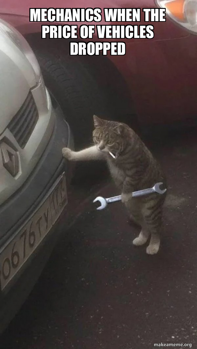 Mechanics when the price of vehicles dropped - Mechanic Cat Meme Generator