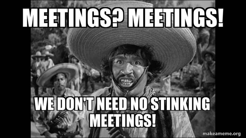 Meetings? Meetings! We don't need no stinking meetings! Meme Generator