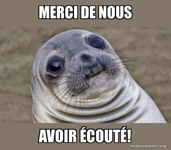 merci de nous avoir écouté! - Squeamish Seal Meme Generator