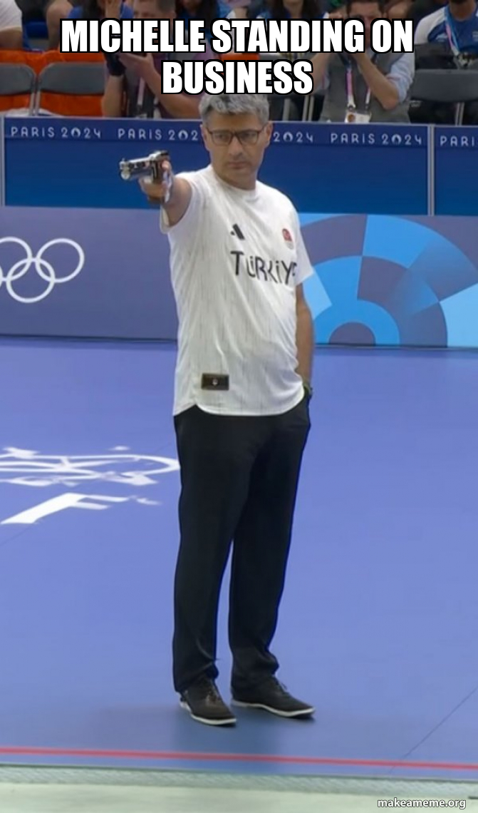 michelle standing on business - Yusuf Dikec Meme Generator