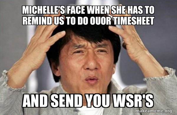 Michelle's face when she has to remind us to DO OUOR TIMESHEET And Send ...
