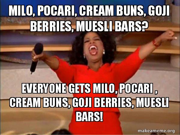 Milo, pocari, cream buns, goji berries, muesli bars? everyone gets Milo ...