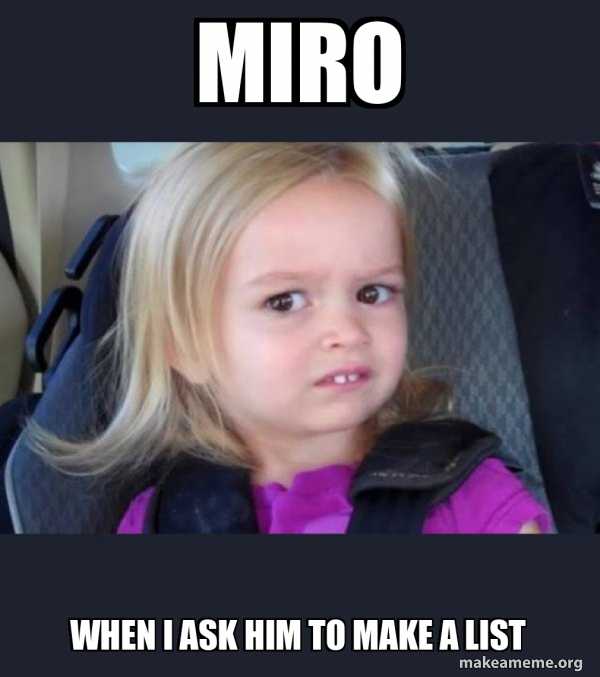 Miro When I ask him to make a list - Side-Eyes Chloe Meme Generator