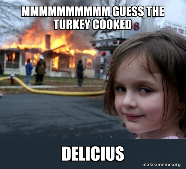 mmmmmmmmmm guess the turkey cooked delicius - Disaster Girl Meme Generator