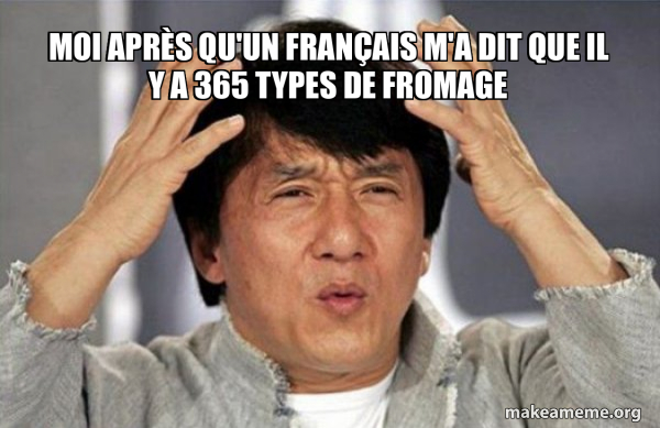 Moi après qu'un Français m'a dit que il y a 365 types de fromage ...