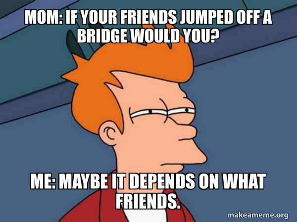 Mom: If your friends jumped off a bridge would you? Me: Maybe it ...