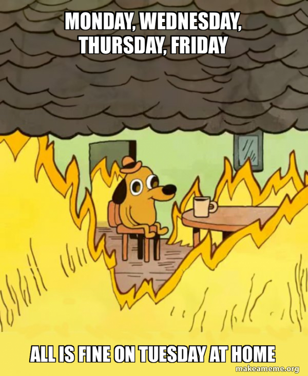 Monday, Wednesday, Thursday, Friday All is Fine on Tuesday at Home ...