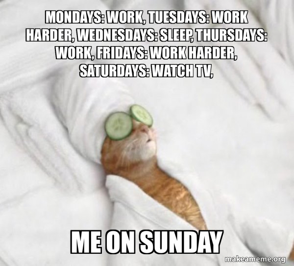 Mondays: work, Tuesdays: work harder, Wednesdays: sleep, Thursdays ...
