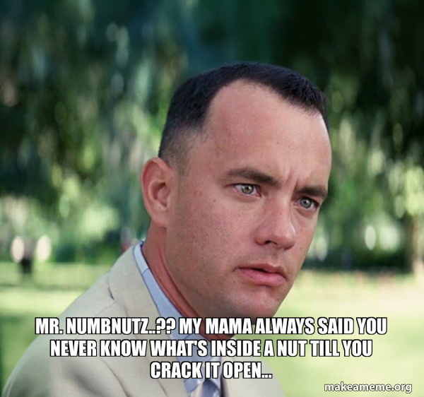 Mr. Numbnutz..?? my mama always said you never know what's inside a nut till you crack it open ...